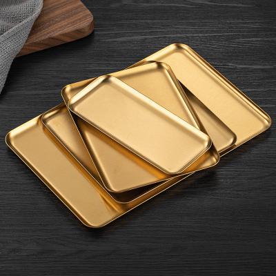 China Multi-Size Gold 201 Stainless Steel Rectangular Cafe Tray with Straight Edge Baking Pan for sale