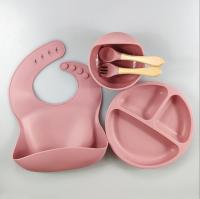 China 5pcs Eco-friendly Baby Feeding Set Silicone Suction Bowls Plates Spoon Fork Bib for Toddlers for sale