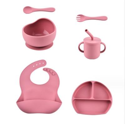 China Children Dining Plate Tableware Suction Cup Feeding Set Food Grade Silicone Bowl Fork Set for sale