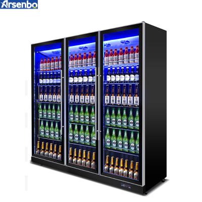 China 220V-240V Vertical Display Fridge , Multicolor LED Upright Glass Door Chiller for sale
