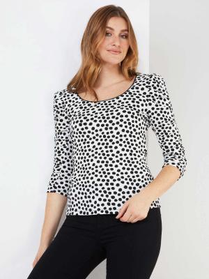 China Black & White Polka Dot Ruched Sleeve Fitted Top for sale