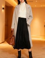 China Black Tiered Midi Skirt with Pockets - Elastic Waist Flowy A-Line Skirt for sale