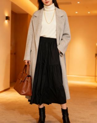 China Black Tiered Midi Skirt with Pockets - Elastic Waist Flowy A-Line Skirt for sale