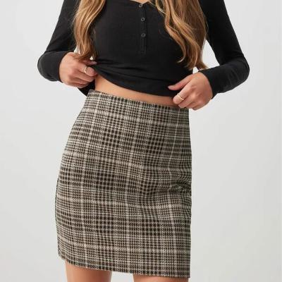China Retro-Inspired Plaid Mini Skirt - High Waisted Bodycon (Black / Brown) for sale