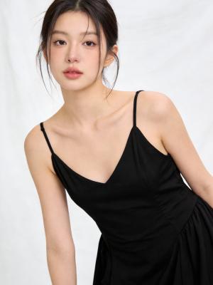 China Elegant Spaghetti Strap Midi Dress - Solid Color (Cream / Black / Light Blue) for sale