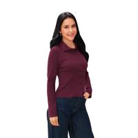 China Vintage Burgundy Polo Collar Ribbed Knit Cardigan - Versatile Long Sleeve Button-Up for Casual & Office Chic for sale