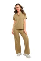 China Effortless Chic Ribbed Knit Polo Two-Piece Set - Short Sleeve Top & Wide Leg Pants (Khaki) for sale