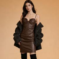 China Edgy Faux Leather Spaghetti Strap Midi Dress - U-Shaped Ring Accent for Night Out Style (Brown / Black) for sale