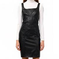 China Glamorous Faux Leather Bodycon Midi Dress - Square Neck & Wide Straps for Effortless Style (Black) for sale