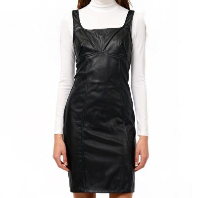 China Glamorous Faux Leather Bodycon Midi Dress - Square Neck & Wide Straps for Effortless Style (Black) for sale