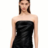 China Edgy Faux Leather Strapless Mini Dress - Bodycon Fit & Side Slit for Night Out Style (Brown / Black) for sale