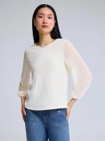 China Elegant Round Neck Blouse with Sheer Chiffon Sleeves - Textured Knit Body (Cream / Blush Pink) for sale