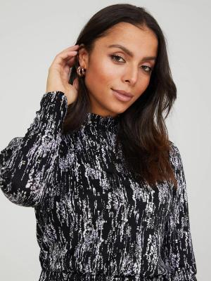 China Black & White Abstract Print Ruffled High Neck Long Sleeve Top - Modern Artistic Style for sale