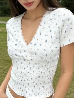 China Feminine Ditsy Floral V-Neck Smocked Crop Top - Lace Trim (White Base) for sale