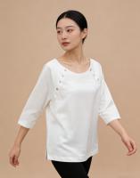 China Modern Minimalist White Blouse with Shoulder Button Accents - 3/4 Sleeve for Office & Everyday for sale