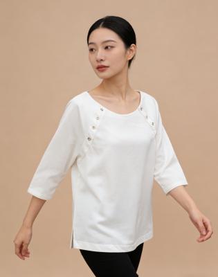 China Modern Minimalist White Blouse with Shoulder Button Accents - 3/4 Sleeve for Office & Everyday for sale