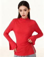 China Birth Year Red Long Sleeve Top - Ruffled Mock Neck Ribbed Knit with Split Cuffs for sale