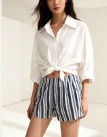 China Relaxed Textured Striped Linen Blend Shorts - Elastic Waist for sale