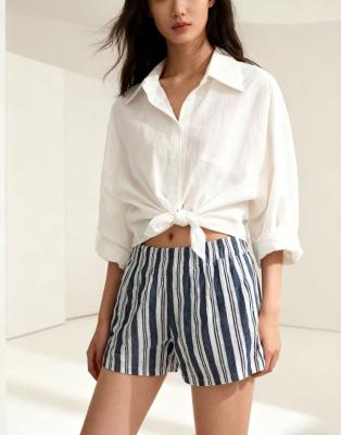 China Relaxed Textured Striped Linen Blend Shorts - Elastic Waist for sale