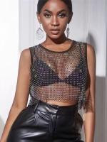 China Festival Essential: Black & White Rhinestone Fishnet Crop Top for sale