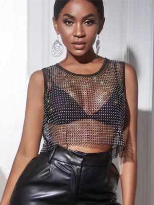 China Festival Essential: Black & White Rhinestone Fishnet Crop Top for sale