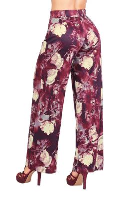China Elegant Burgundy Floral Wide Leg Pants - Boho Chic Trousers for sale