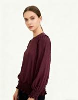 China Feminine Charm: Burgundy Smocked Waist Puff Sleeve Blouse for sale