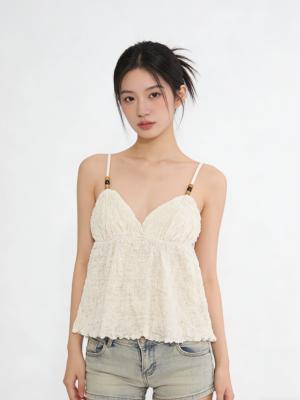 China Women's Textured Camisole Top with Beaded Straps - Brown & Cream for sale