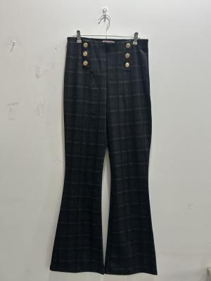 China Retro Girl Essential: Plaid Flare Pants with Gold Buttons for sale