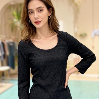 China 2-Color Textured U-Neck Top - Black/White Versatile Layering Tee for sale