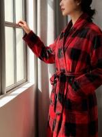 China Women's Red & Black Plaid Fleece Full-Length Bathrobe for sale