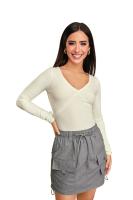 China Women's Cream Lace Trim Cross-Front Long Sleeve Bodysuit for sale