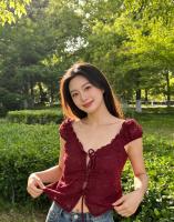 China Women's Burgundy Floral Lace Crop Top - Ruffled Sweetheart Neck for sale