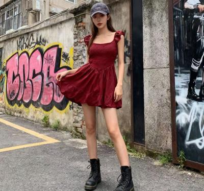 China Women's Burgundy Smocked Ruffle Mini Dress - Casual Summer Dress for sale