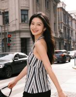 China Women's Blue & White Striped Halter Neck Top - Vacation Wear for sale