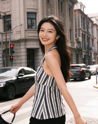 China Women's Blue & White Striped Halter Neck Top - Vacation Wear for sale