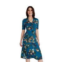 China Women's Teal Large Floral Print Midi Dress - Ruched V-Neck for sale