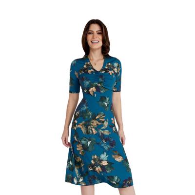 China Women's Teal Large Floral Print Midi Dress - Ruched V-Neck for sale