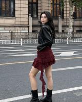 China Women's Burgundy Ruffled Lace Mini Skirt with Trailing Tail for sale