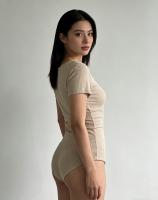 China Women's Khaki Ribbed Short-Sleeve Notch V-Neck Bodysuit for sale