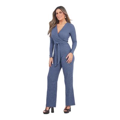China Women's Blue Wrap-Front Wide-Leg Jumpsuit - Long Sleeve for sale