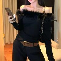 China Women's 2-Color Off-Shoulder Furry Trim Long-Sleeve Top for sale