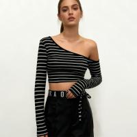 China Women's 2-Color One-Shoulder Striped Long-Sleeve Crop Top for sale