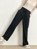 China Women's Black Ribbed Drawstring Wide-Leg Lounge Pants for sale