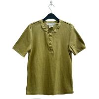 China Women's Olive Green Ribbed Knit Henley Short-Sleeve Top for sale