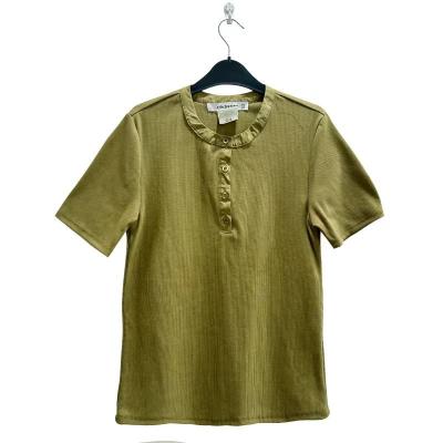 China Women's Olive Green Ribbed Knit Henley Short-Sleeve Top for sale