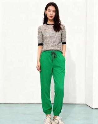 China Women's Green Linen-Blend Jogger Pants with Black Drawstrings for sale