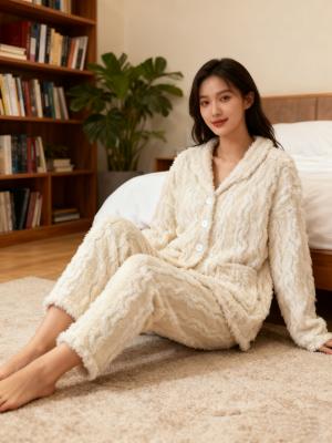 China Women's Cream Cable Knit Fleece Pajama Set for sale