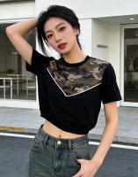 China Women's Camo Patchwork Cropped T-Shirt for sale