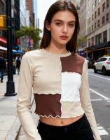 China Women's Geometric Patchwork Long-Sleeve Crop Top for sale